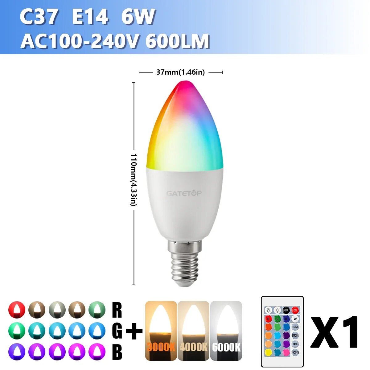 RGB лампа Gatetop C37 E14 6W 6000K
