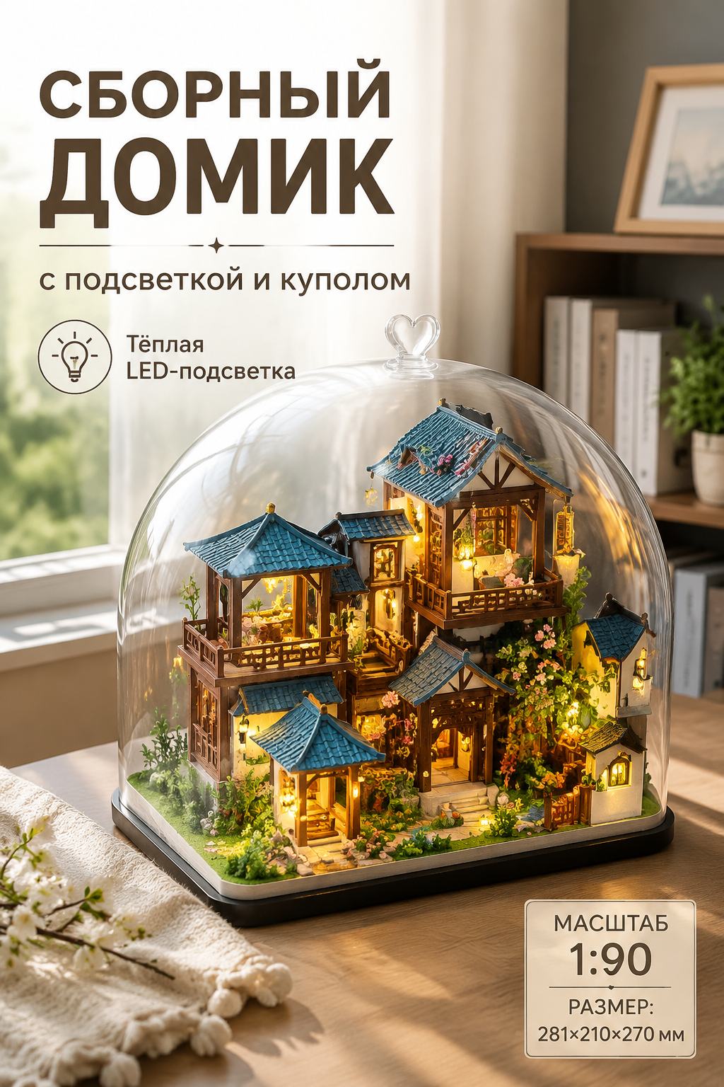 Сборный интерьерный домик с подсветкой и защитным куполом, масштаб 1:90