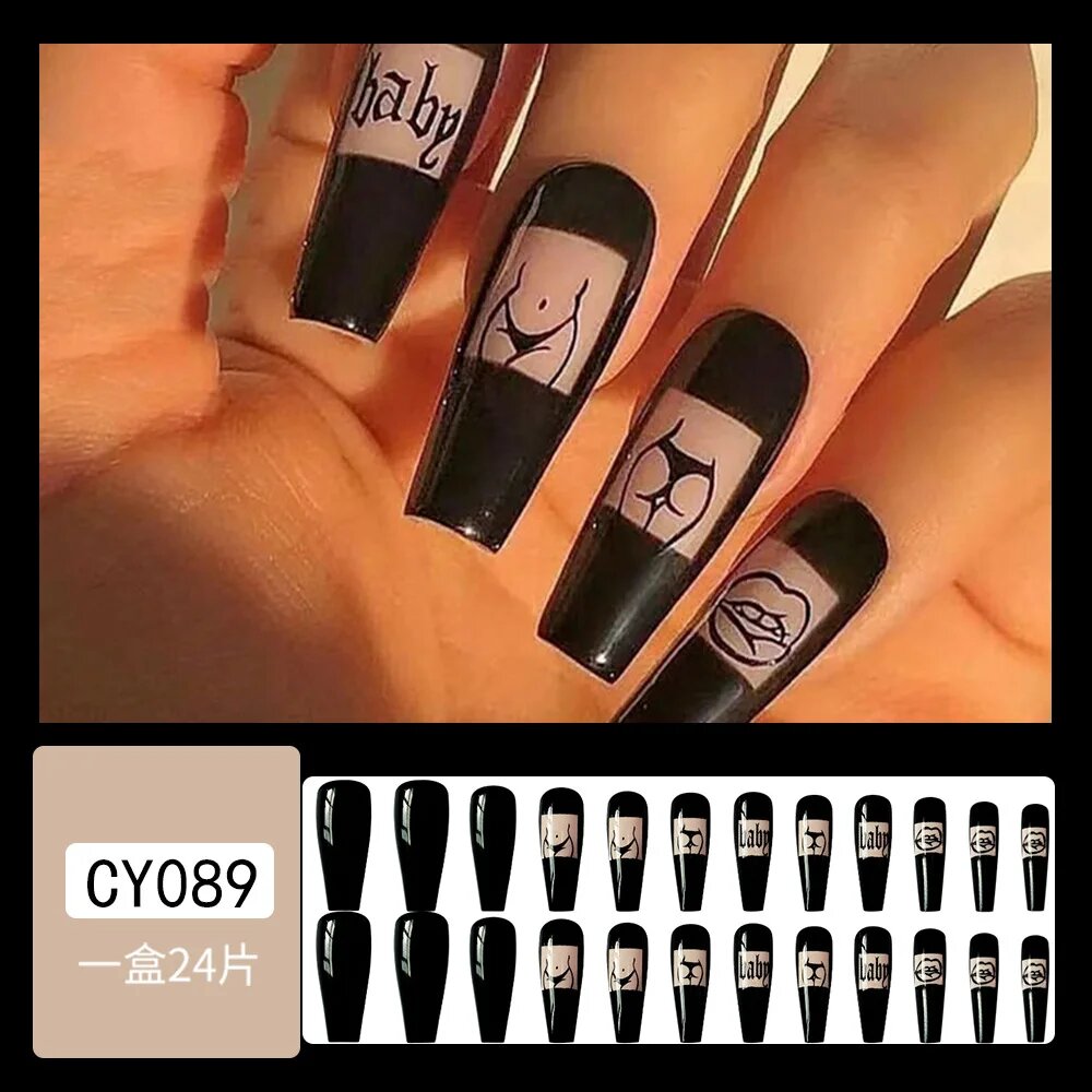 Звездные черные накладные ногти 24 шт CY089
