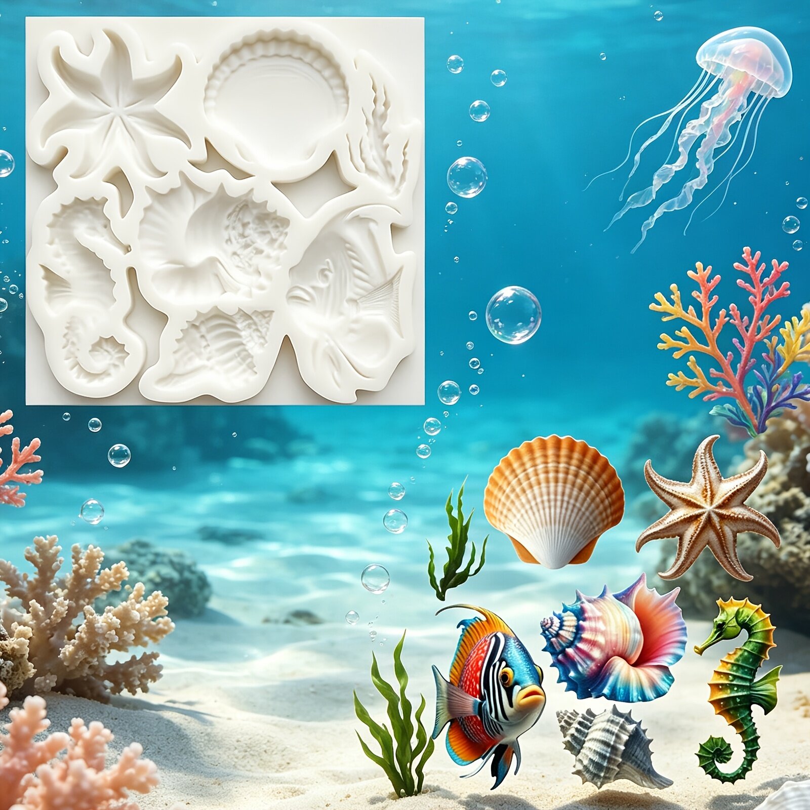 Формы для выпечки из силикона: морская звезда, ракушка, морской конек, тропическая рыба, краб, коралл; для кексов, шоколада, желе и теста; модель Y-950-1
