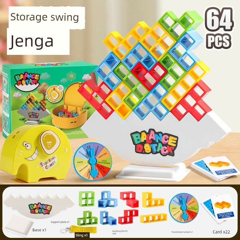 Набор блоков Jenga с носорогом-хранилищем и 64 деталями, 22 картами, диском штрафа для взрослых