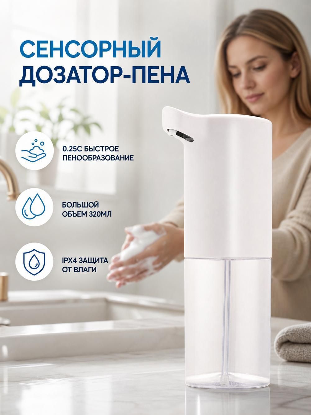 Автоматический сенсорный дозатор пенного мыла 320 мл, 1 шт.
