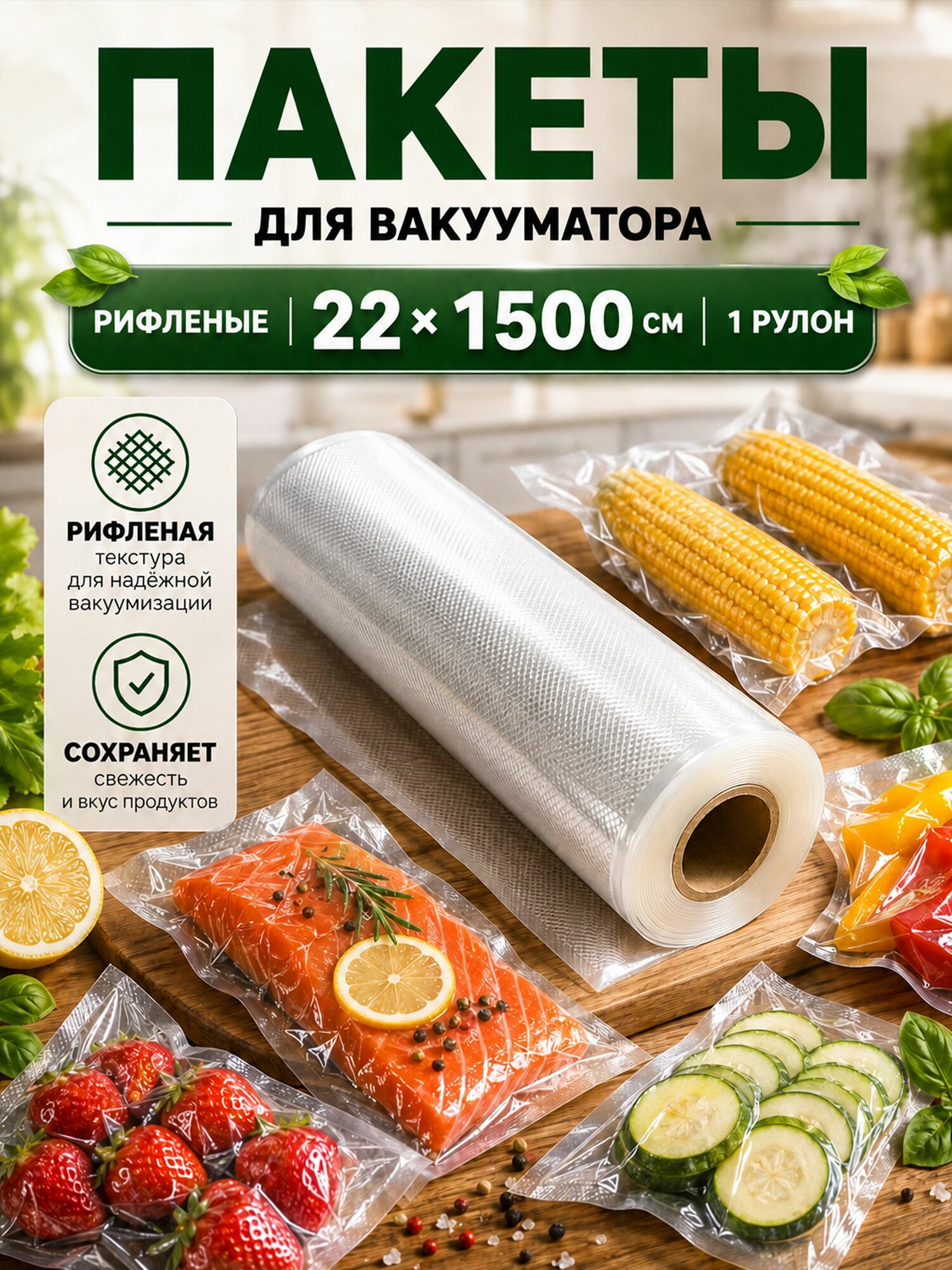 Пакеты для вакууматора в рулоне 22х1500 см (1 рулон) рифленые для хранения и заморозки