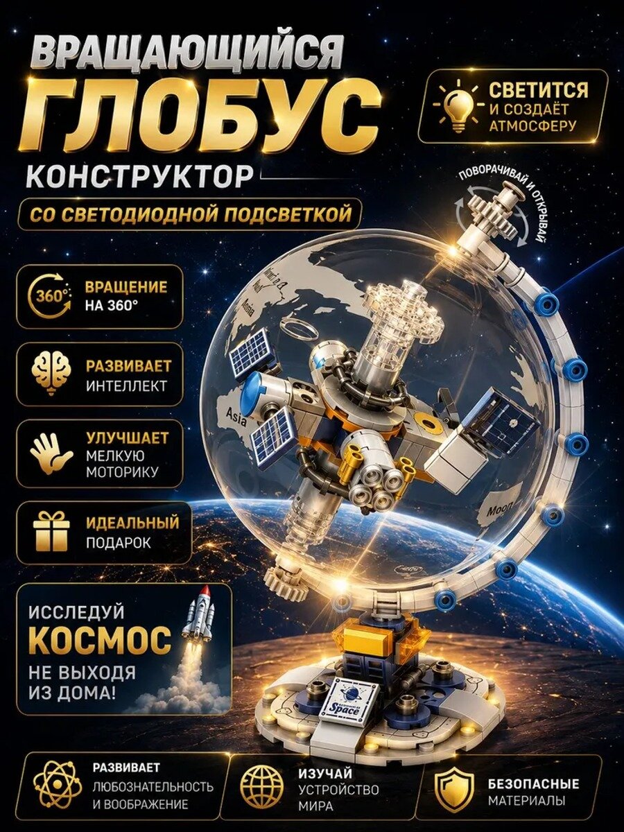 Конструктор детский Глобус с космической станцией, светящаяся модель вращается на 360°