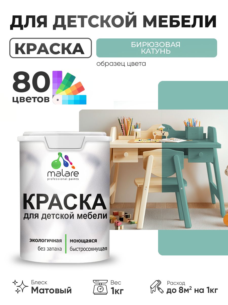 Акриловая краска Malare для детской мебели для кухонных фасадов, мебели из дерева, моющаяся, быстросохнущая без запаха матовая, бирюзовая катунь, 1 кг.