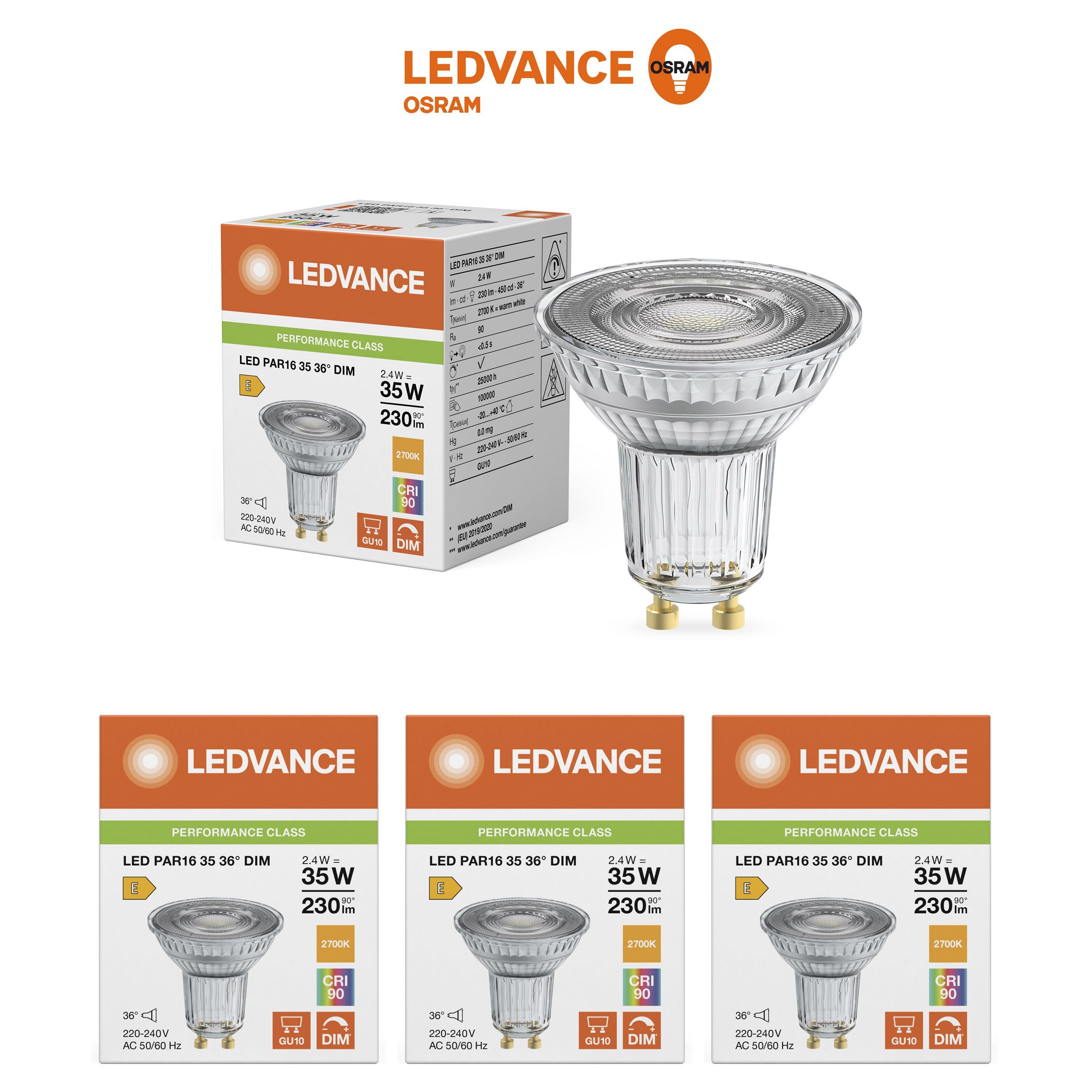 3шт/уп. Лампа LED Софит 2.4W GU10 PAR16 DIM Ra90 220V 230Лм 2700К Угол 36 град. D-50mm L-52mm Диммируемая Свет Теплый белый OSRAM-LEDVANCE, уп. 3шт