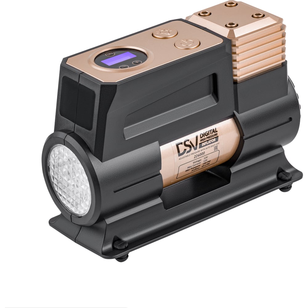Усиленный компрессор DSV Smart с LED фонарем, 45 л/мин, 12 В, с цифр. манометром, сумка 224000