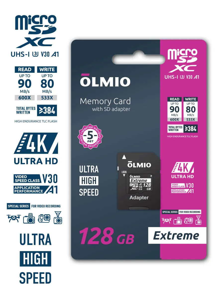Карта памяти OLMIO microSDXC U3 Extreme, UHS-I V30 A1 128 Гб Черный RU