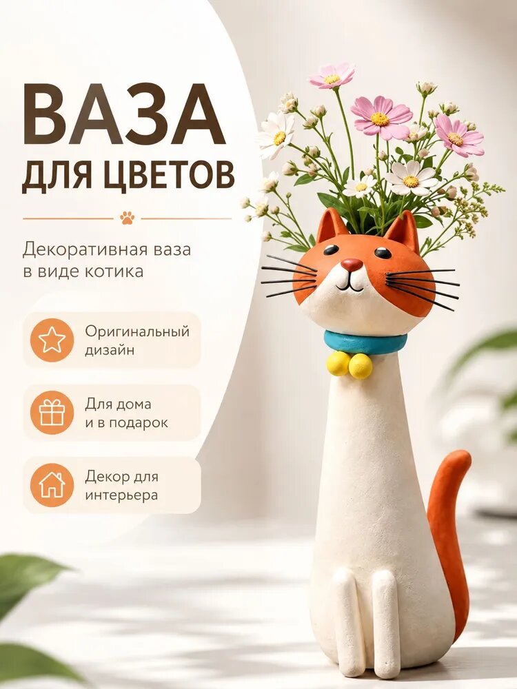 Ваза "ваза для цветов Сливочно-рыжий кот", 18 см , смола, 1 шт