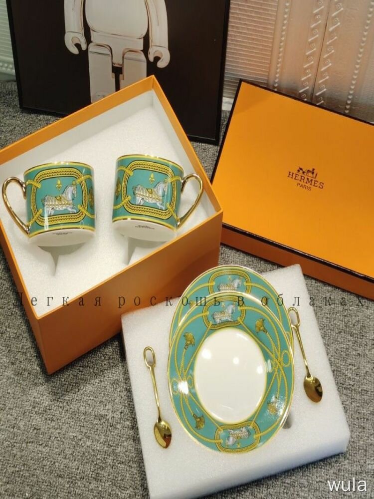 Чашки с блюдцами и ложками, стиль Hermes, 200 мл, 6 шт, бирюзовые с золотым узором, для дома и подарка, сервиз