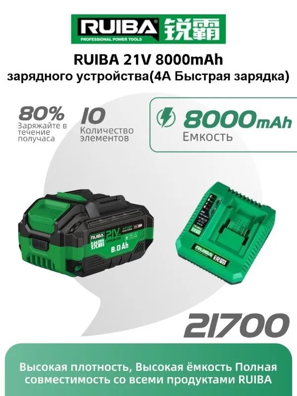 Новый полноячеечный аккумулятор RUIBA 21700 21V 8.0Ач: Анти-морозный, с интеллектуальной защитой, высокая мощность и долгий срок службы ,1 шт