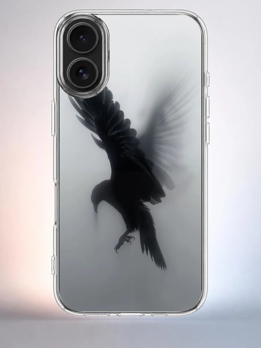 Чехол iPhone 16 ворон в полёте силиконовый прозрачный