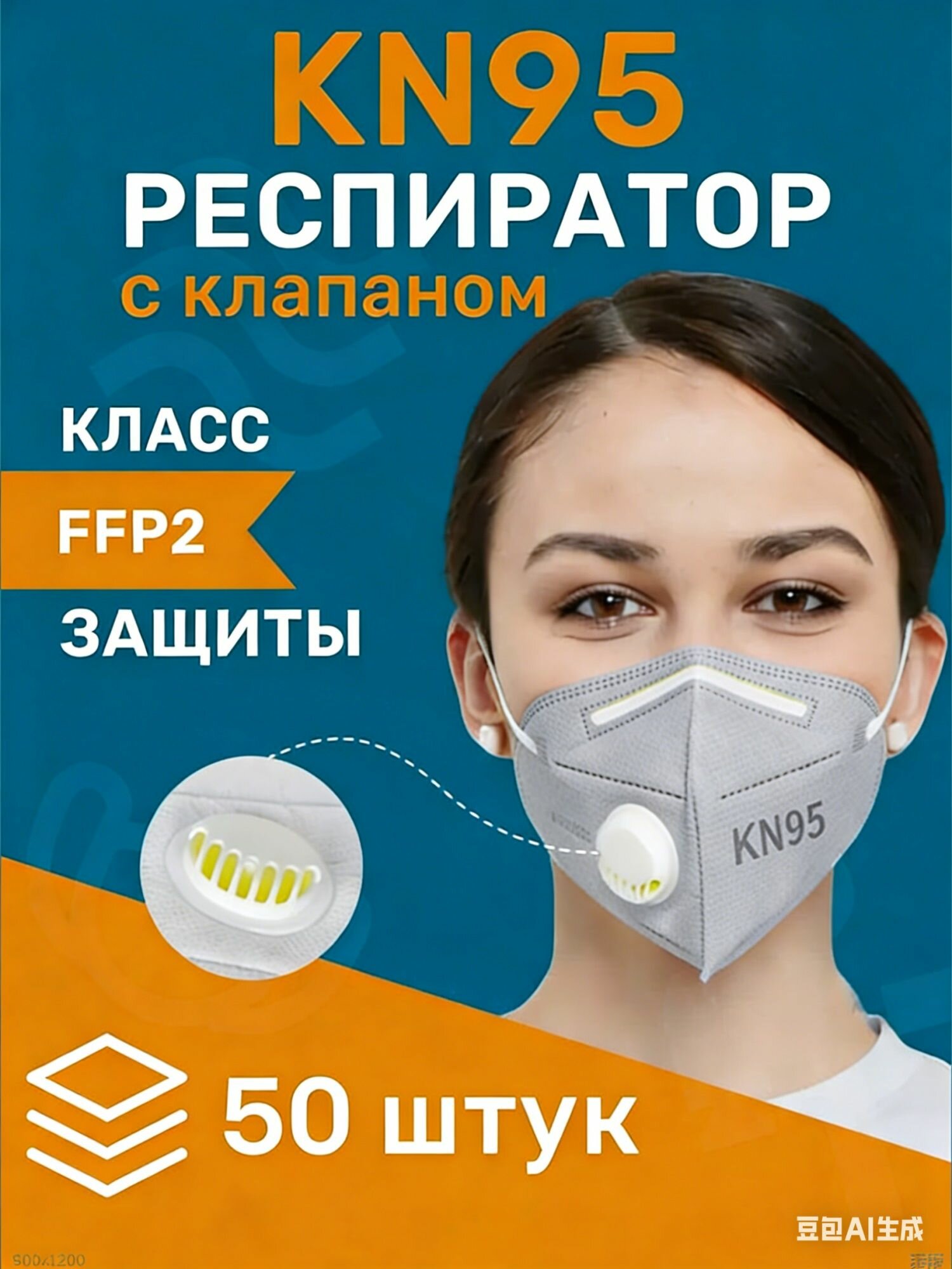 Респиратор FFP2 KN95, многоразовый, с клапаном дыхания, 50 штук