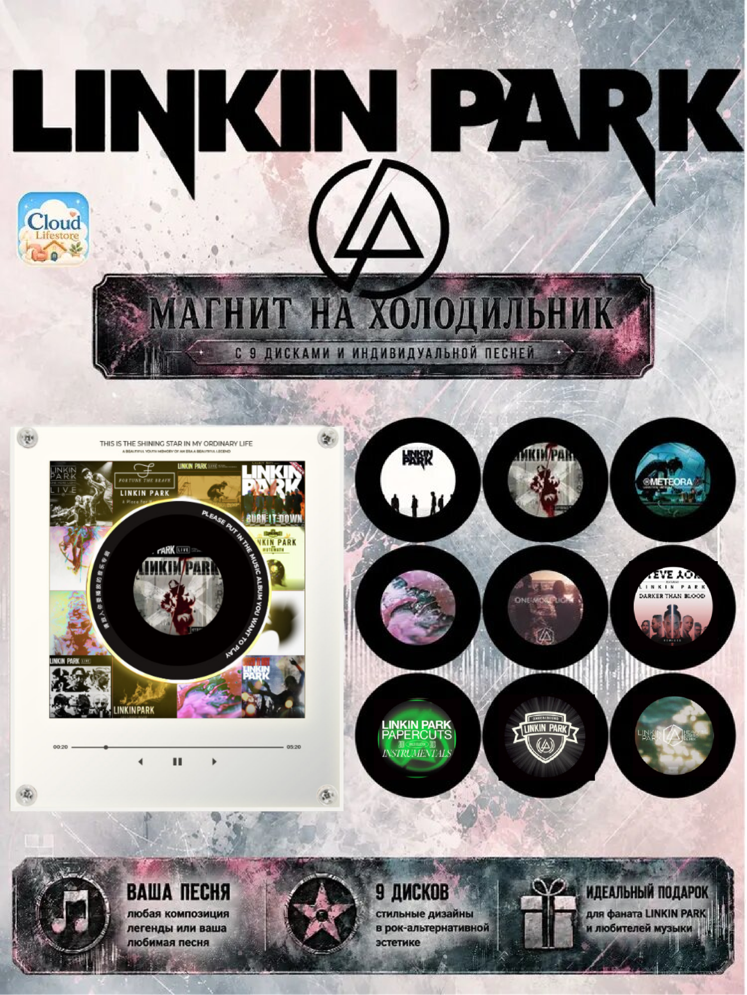 Магнит на холодильник с 9 дисками и индивидуальной песней_Linkin Park