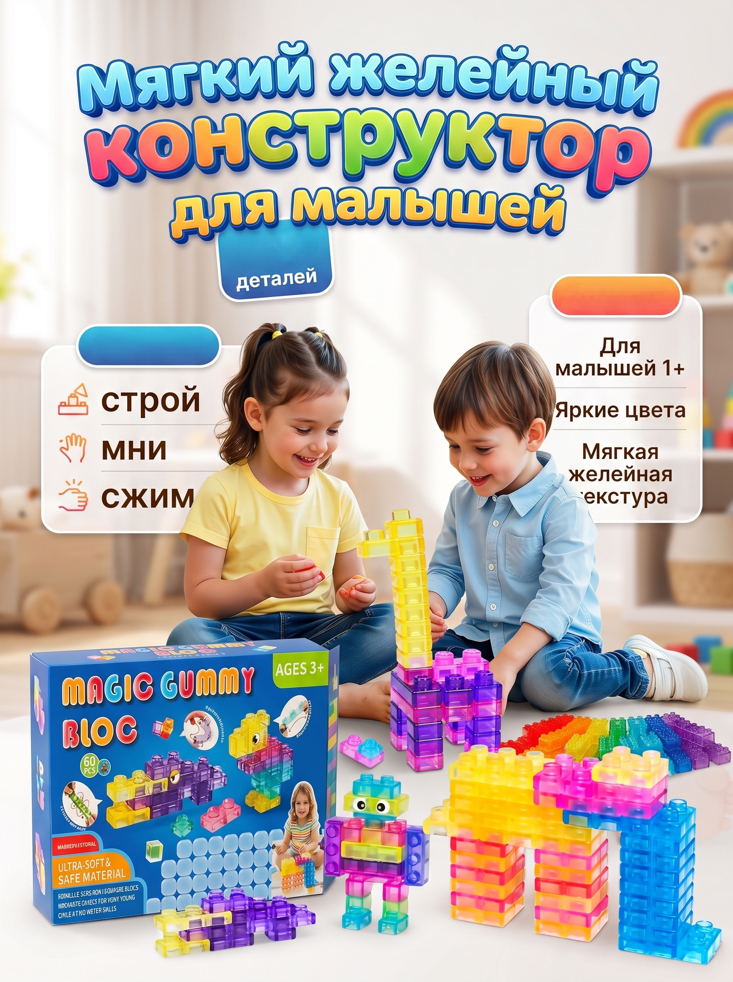 Конструктор для малышей мягкий желейный сенсорный развивающая игрушка 60 деталей