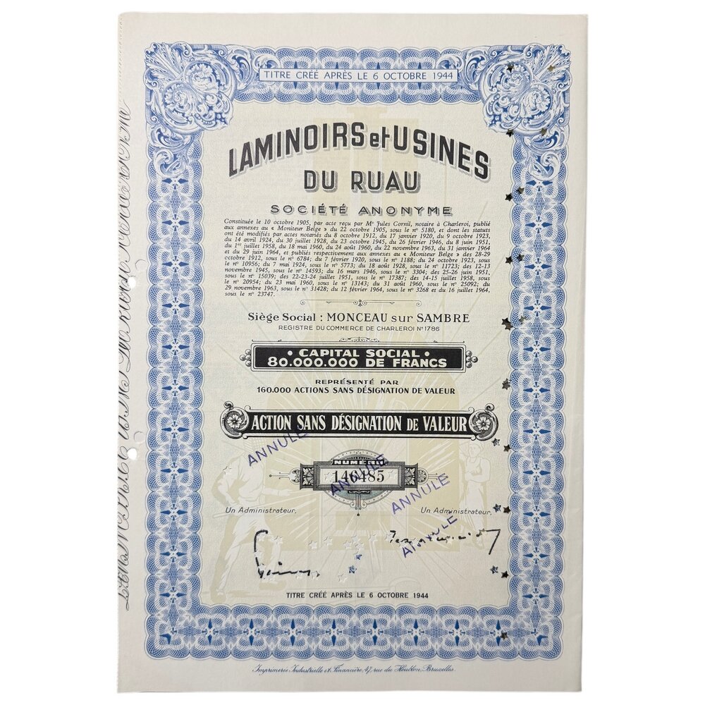 Бельгия, Laminoirs et Usines du Ruau SA, сертификат на 1 акцию 1944 г.