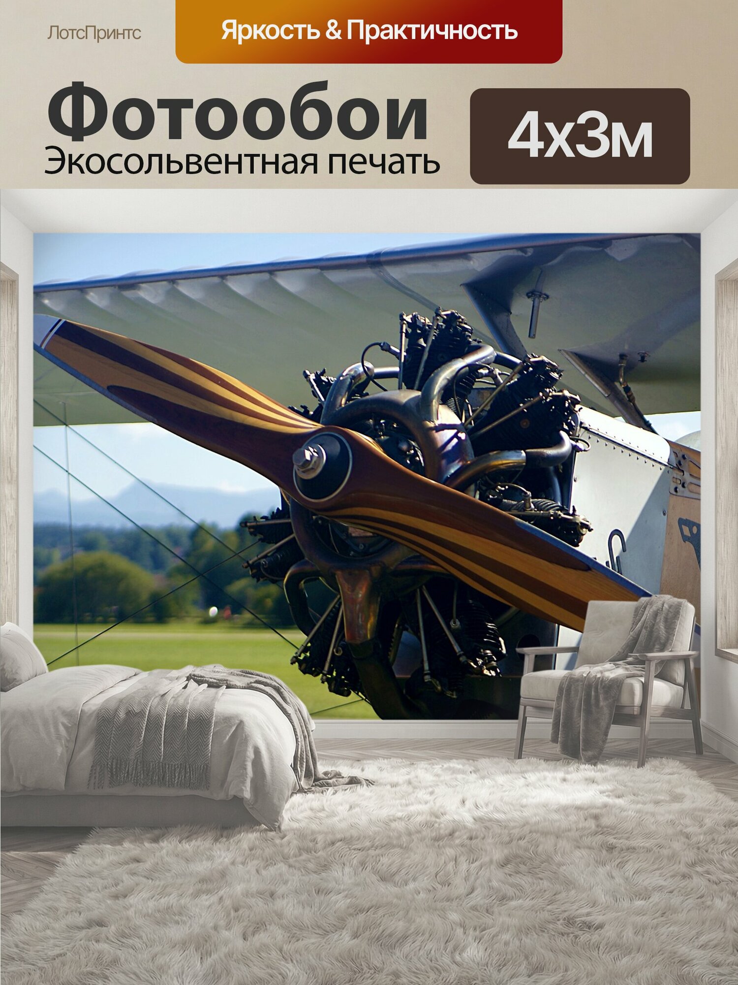 Фотообои "Самолет, двигатель, пропеллер" 400x300 см. экосольвентная печать