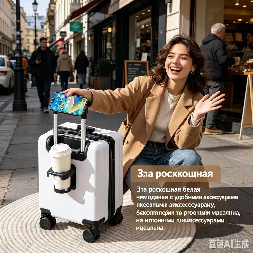 Сумка для ручной клади, белая, ABS пластик, 40x20x30 см, с выдвижной ручкой и отделениями