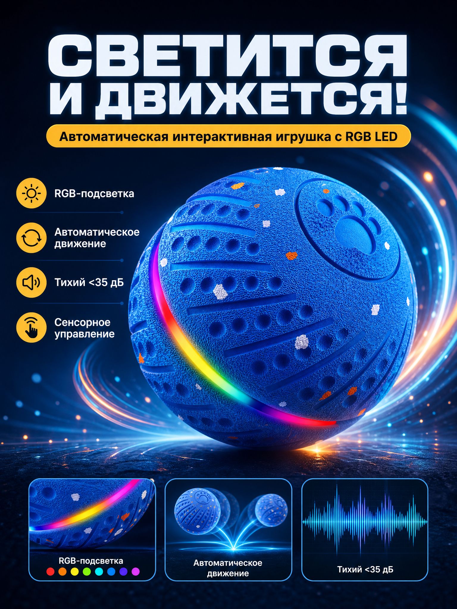 Умный мячик для собак интерактивная игрушка для собак. Автодвижение, RGB-подсветка и пищевой E-TPU. Автоматически прыгает и катится, не разгрызут!