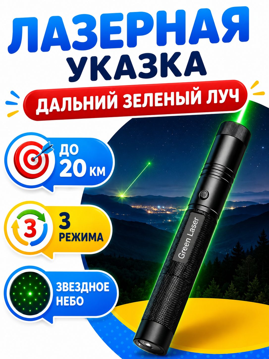 Мощная лазерная указка зеленый луч с насадкой звездное небо, для кошек, зеленая