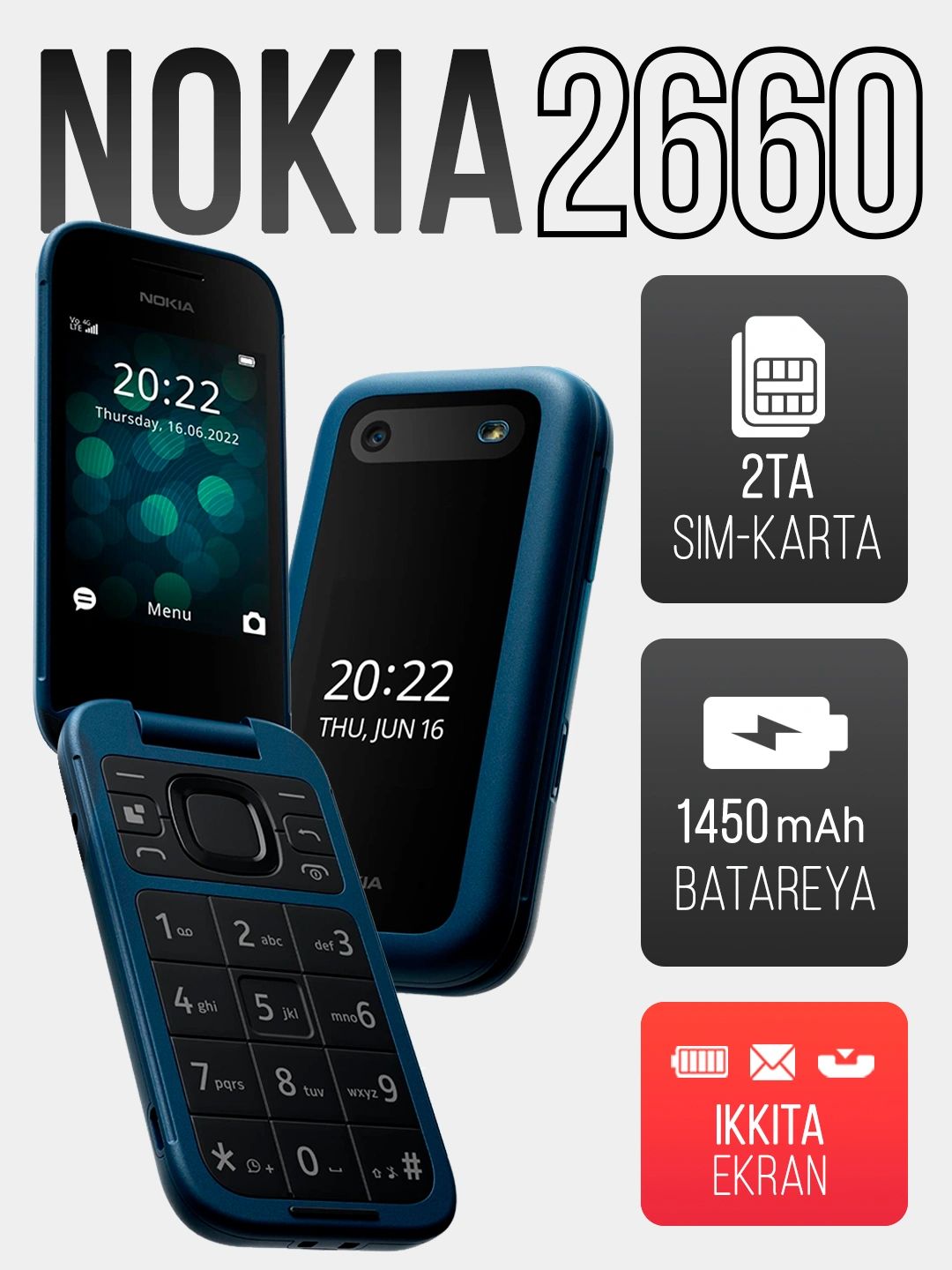 Мобильный телефон Nokia 2660 Flip 4G Dual SIM с зарядной станцией - Громкий телефон раскладушка для пожилых людей и детей, Крупные цифры, SOS кнопка, Радио, Bluetooth, темно-синий, темно-зеленый