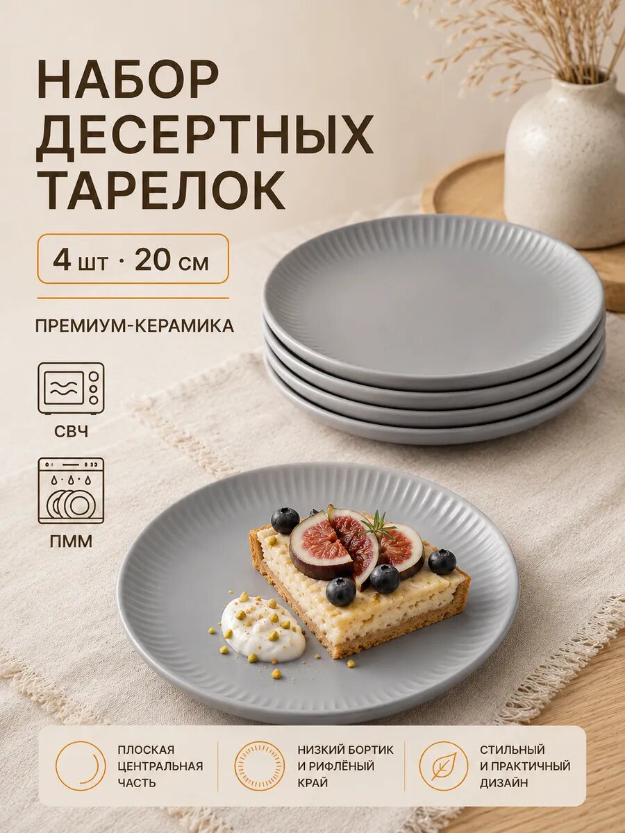 Тарелки керамические 20 см набор 4 штуки ребристый край