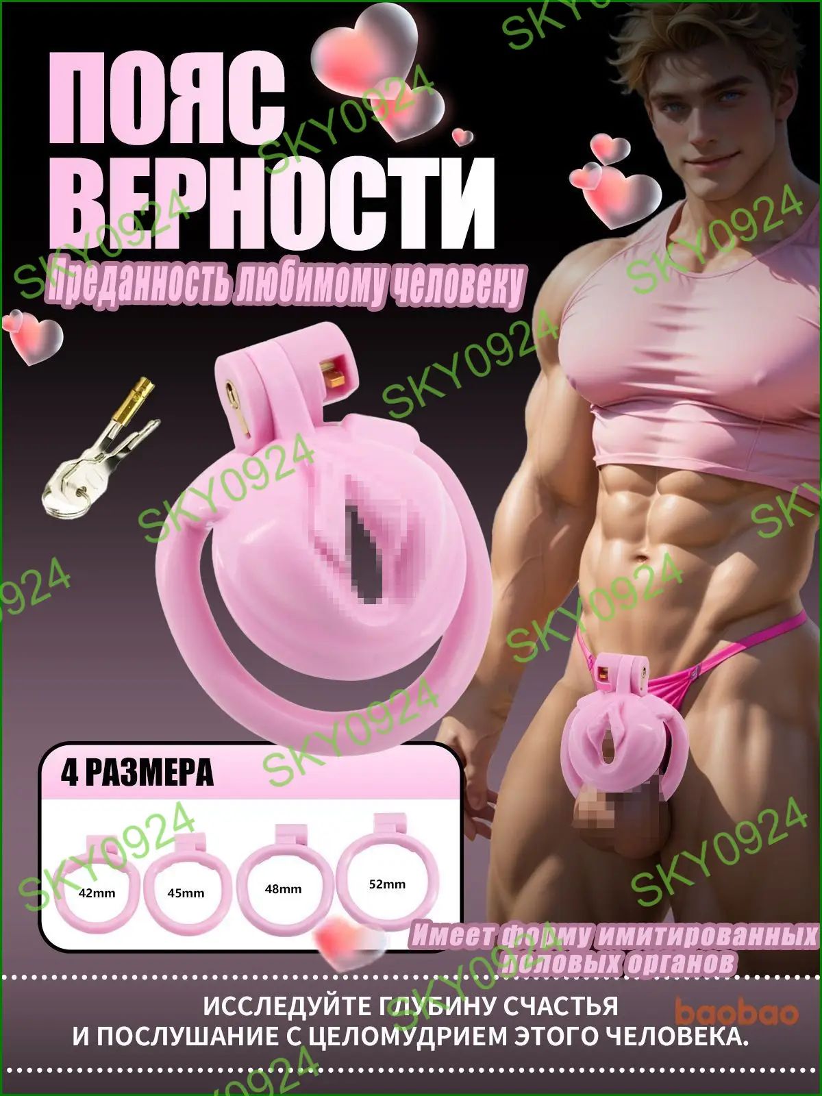 Пояс верности мужской, розовый, с имитацией, регулируемый, для игр, эротический аксессуар