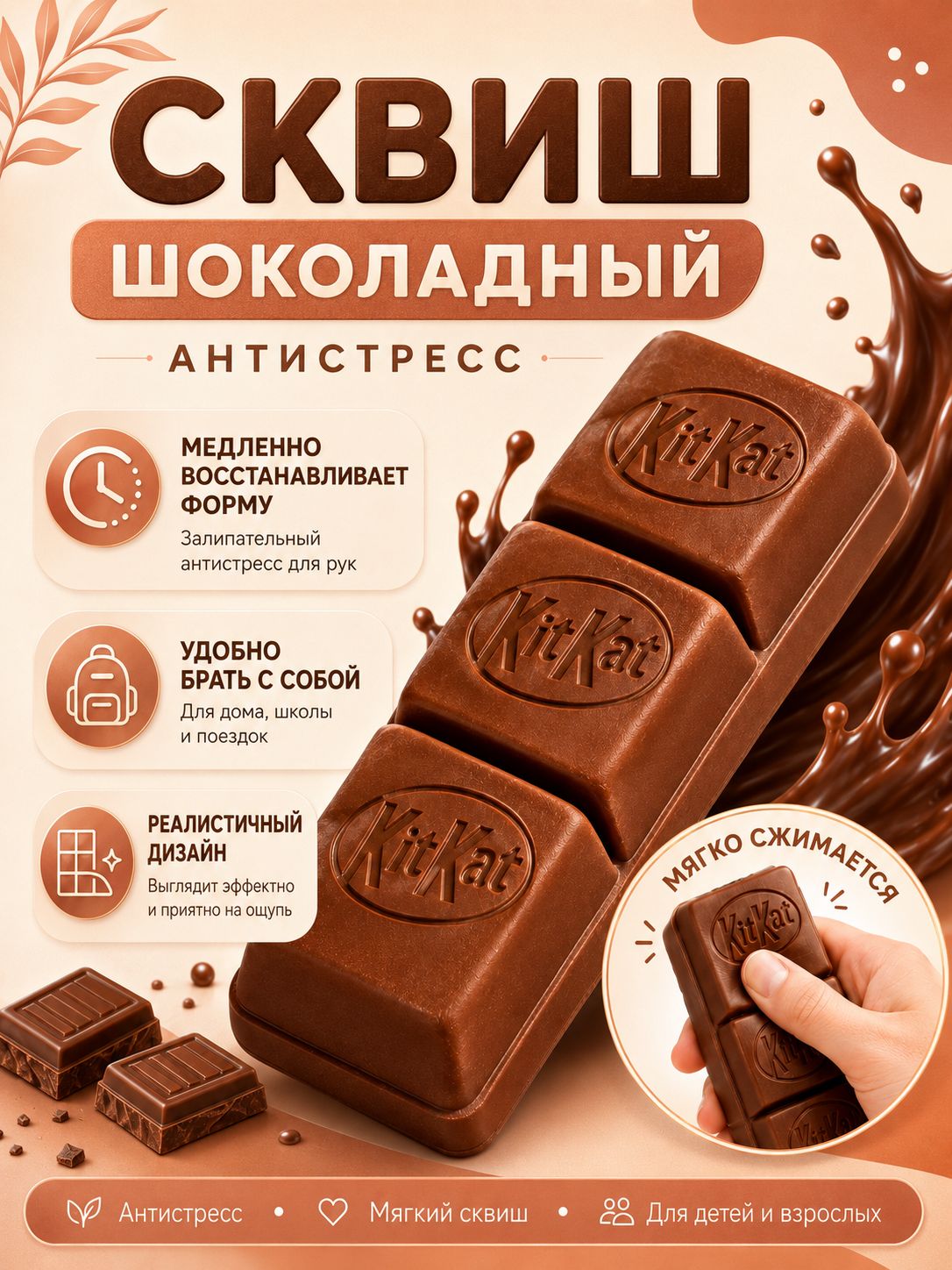 Сквиш Шоколадная Плитка Kit Kat антистресс Slow Rise, мягкая игрушка для детей и взрослых