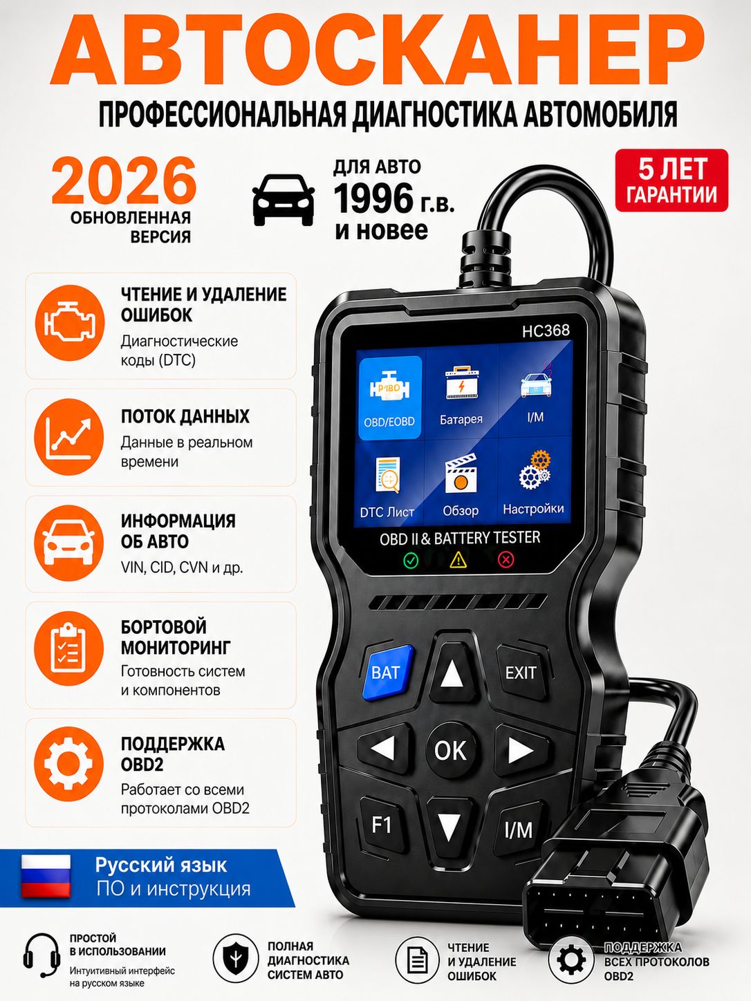 Автосканер для диагностики автомобиля, OBD2 сканер, OBD2 диагностика и сброс ошибок двигателя, для чтения кодов ошибок