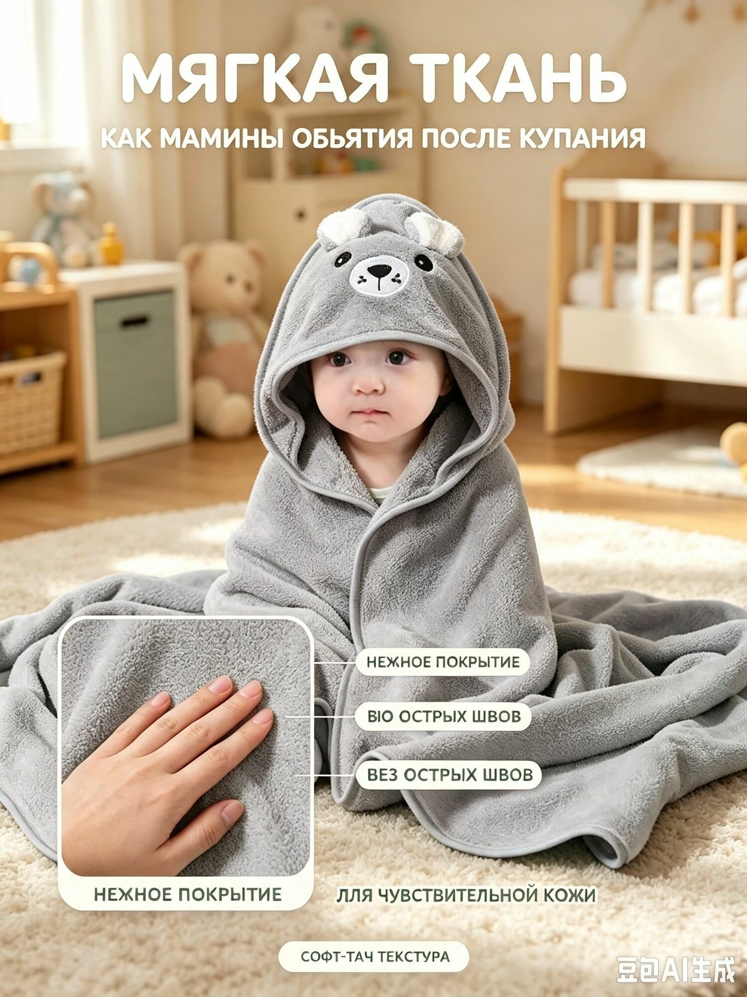 VALARTIS Полотенце детское 80x81 см, махровая ткань, черно-серый, 1 шт