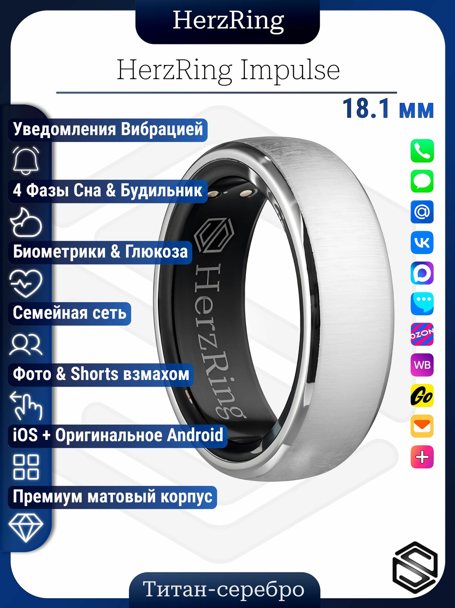Умное Кольцо с Усиленной вибрацией Impulse RW титан-серебро № 8