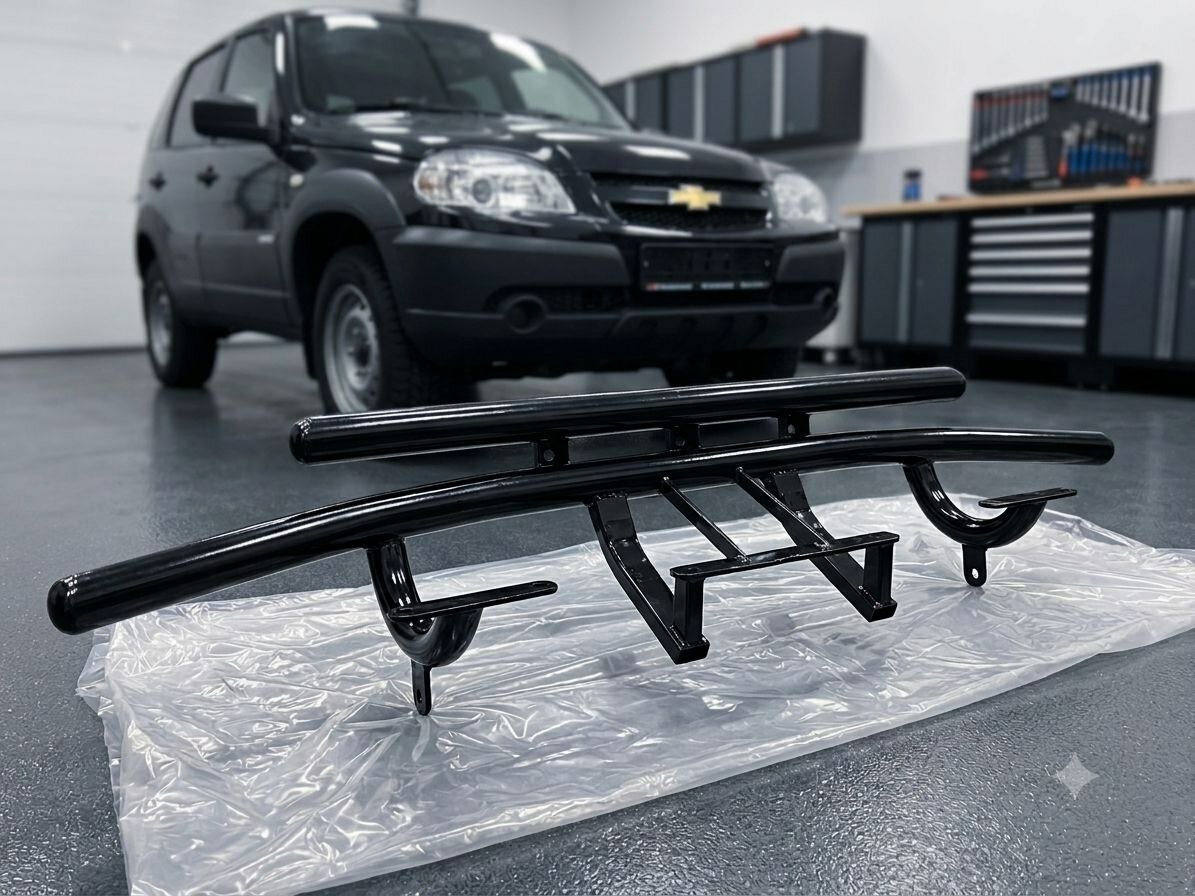 Защита переднего бампера сдвоенная на Chevrolet Niva (Шевроле Нива), труба 51 мм, сталь, порошковая покраска