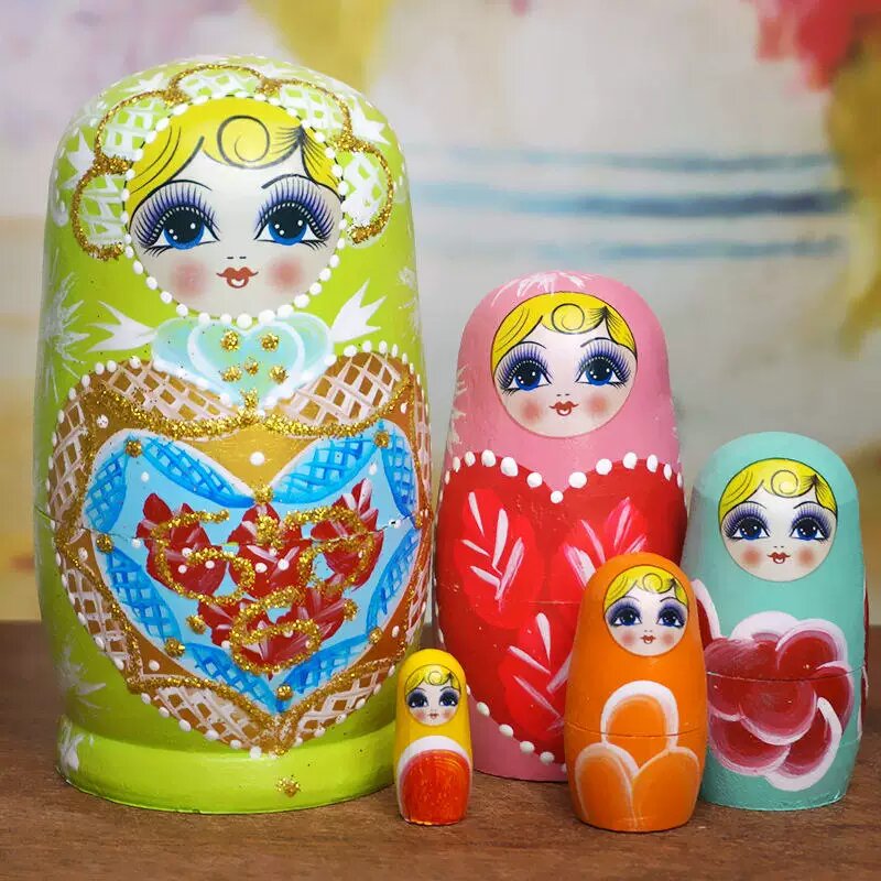Русская деревянная матрёшка 5 слоев с зелёным сердцем, 11 см, ручная работа