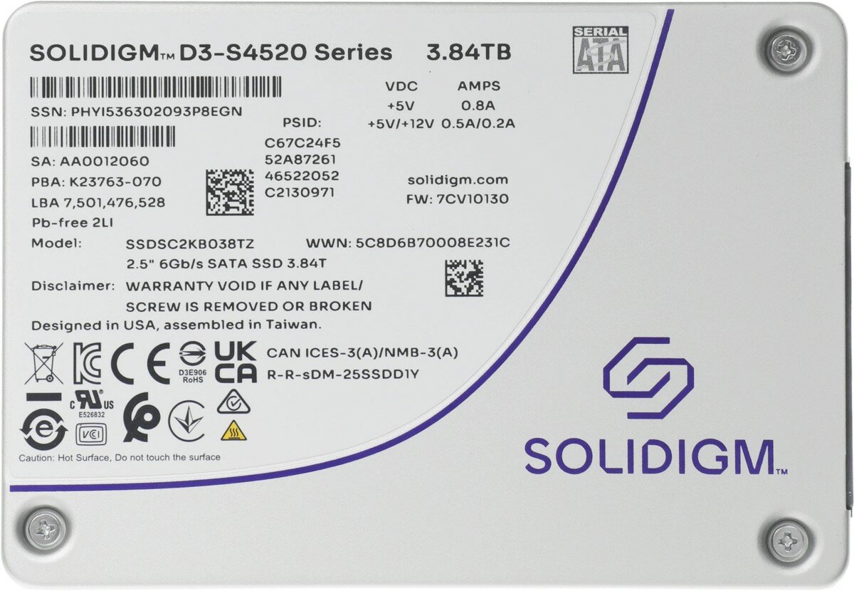 SSD накопитель Intel Solidigm D3-S4520 SSDSC2KB038TZ1Z 3.8ТБ, 2.5", SATA III, SATA, oem