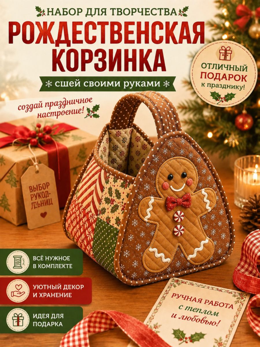 Набор для шитья новогодней корзинки, фетр, Дед Мороз, олень, пряничный, DIY