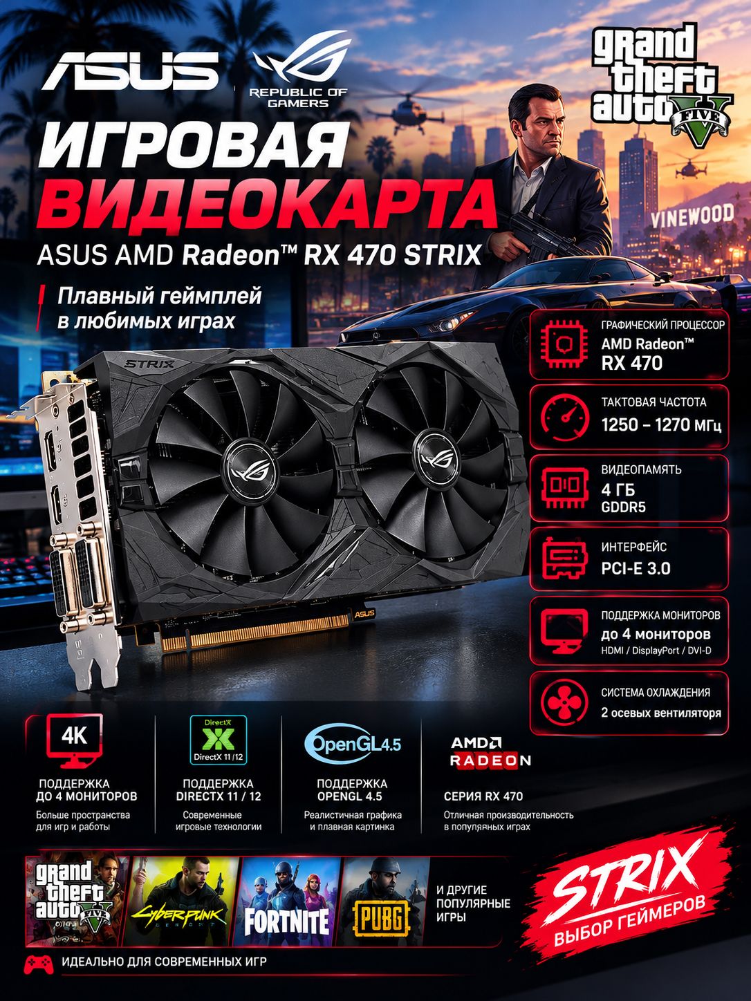 Видеокарта Asus AMD Radeon RX 470 STRIX OC 4GB