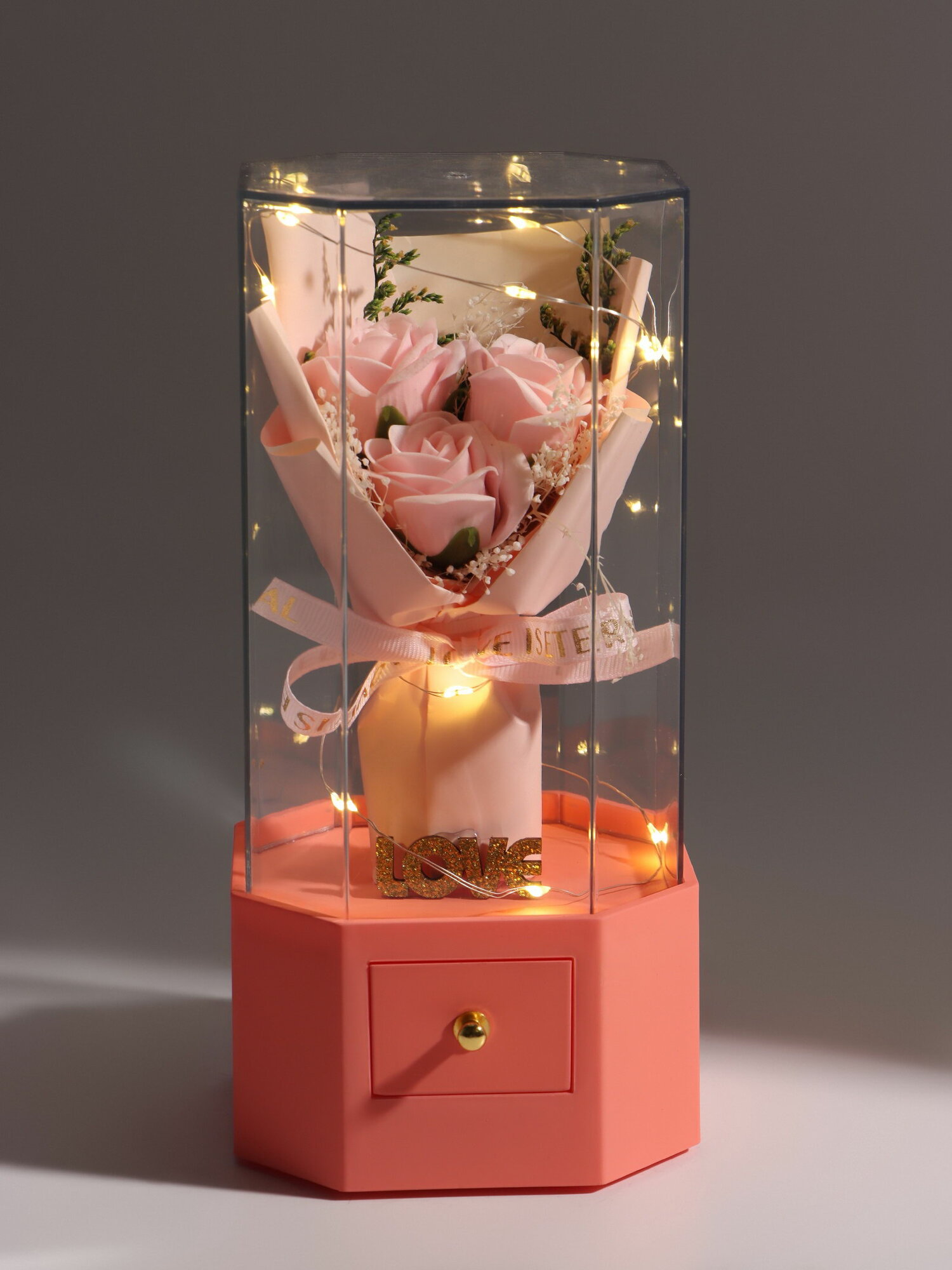 Шкатулка декоративная "Роза Love", с подсветкой, 3хААА, LN1445, 10x10x20.5 см, розовая
