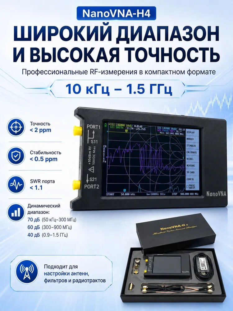 Векторный анализатор сети NanoVNA-H4-4 дюймовый сенсорный экран, последняя версия V4.3 10kHz - 1,5 ГГЦ HHF UHF
