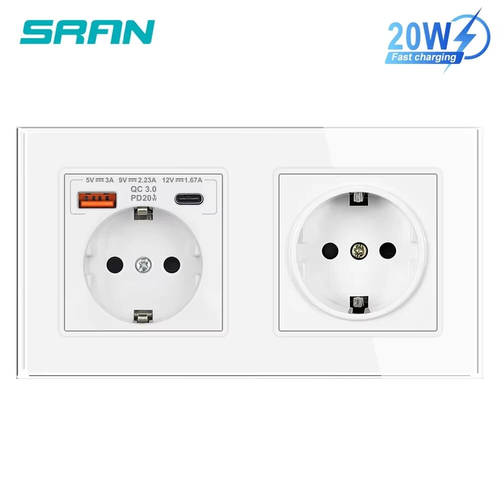 Розетка SRAN EU с USB Type-C 20W White 2EU 1AC