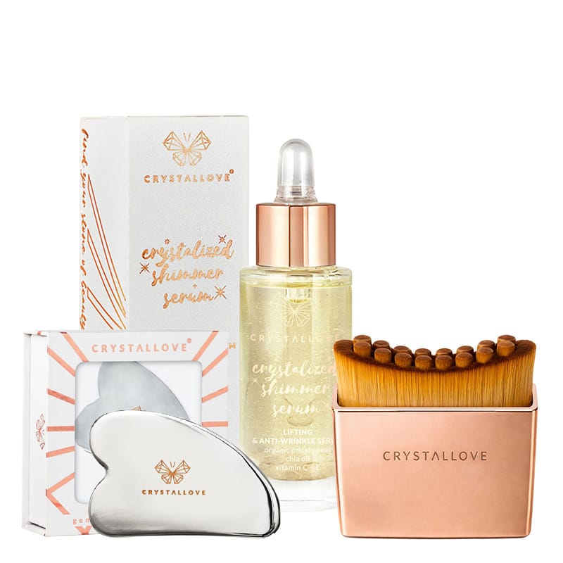 Массажер для Гуаша Crystallove Clear Quartz Massage Set: Щетка для лимфодренажа 1 шт. + Гуаша из нержавеющей стали 1 шт. + Сыворотка с горным хрусталем и опунцией 30 мл