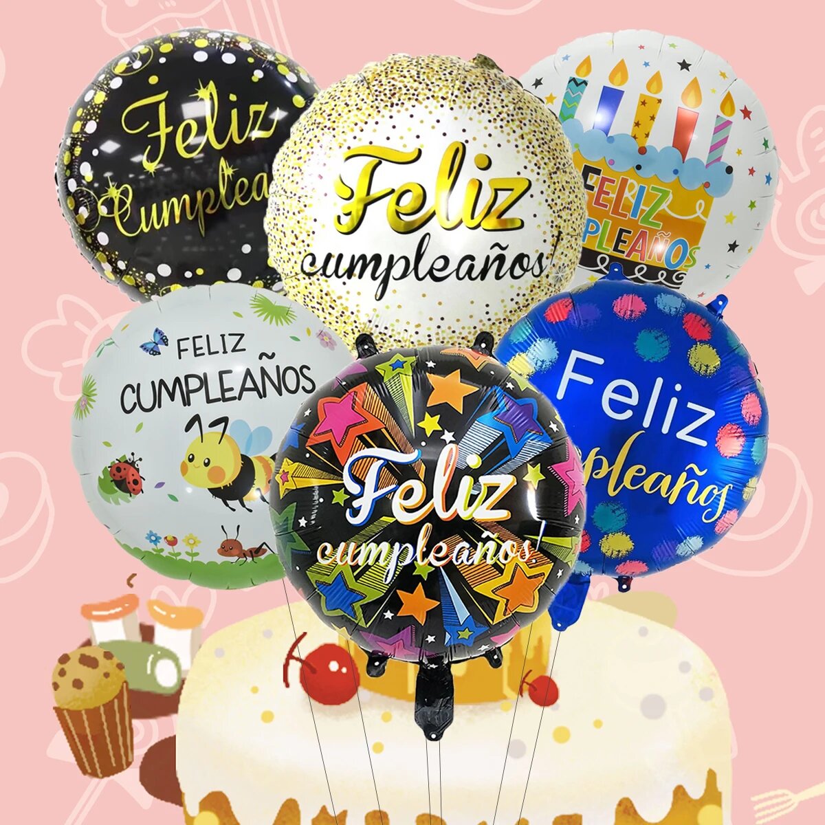 Набор из 6 круглых испанских шаров "Feliz Cumpleaños", 18 дюймов
