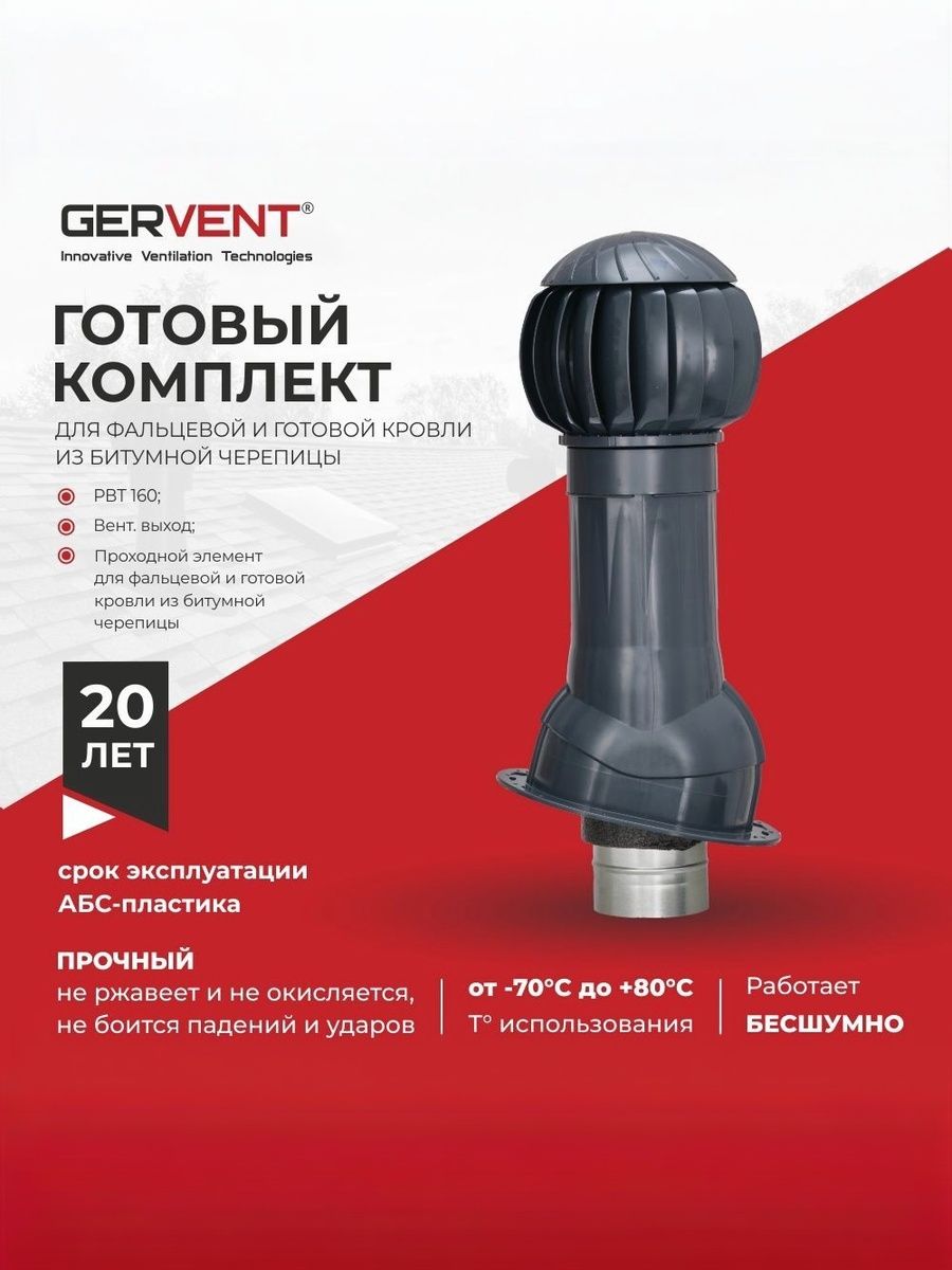 GERVENT Система вытяжной вентиляции с Нанодефлектором для фальцевой и готовой кровли из битумной черепицы, серый графит