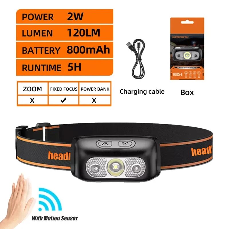 Фонарь-налобник XIWANGFIRE 120LM, 800mAh, Motion Sensor, оранжевый