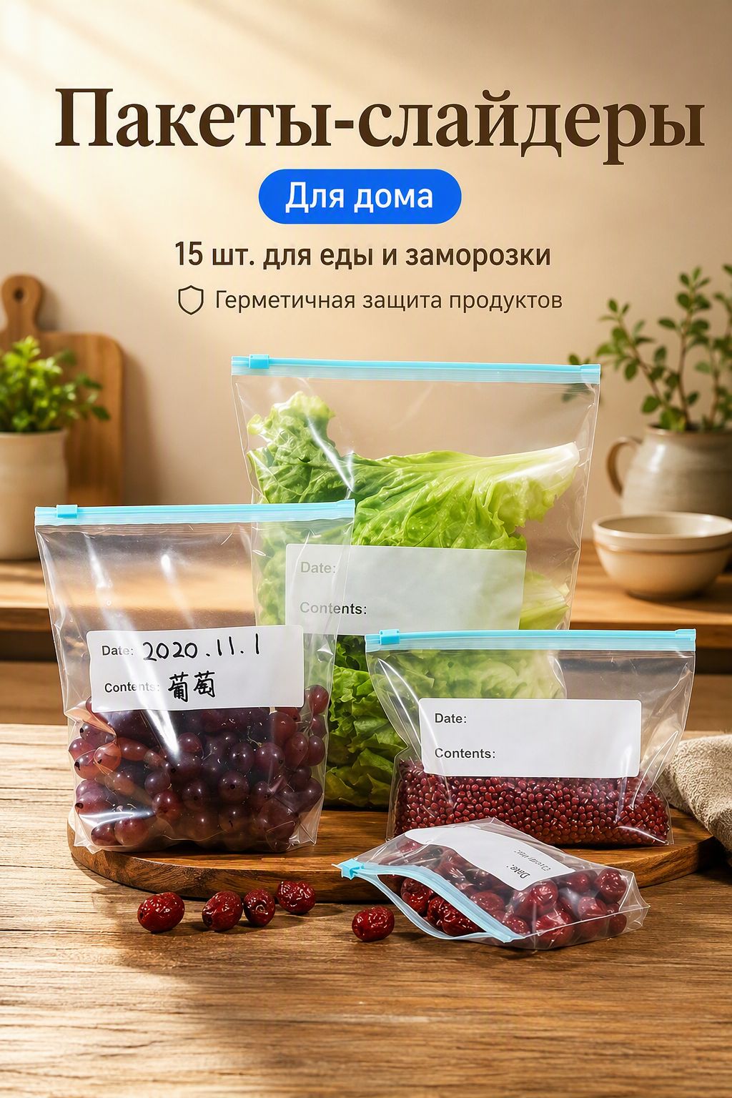 Пакеты слайдеры для хранения продуктов, прозрачные, для холодильника и заморозки, 15 шт, для кухни и дома