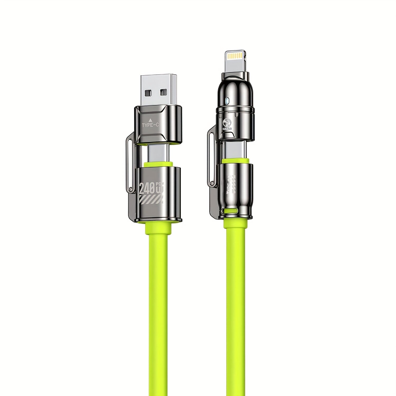 Зарядный кабель 4-в-1 240W MAX, 2-в-2 шнур USB-A/Type-C/Lighting, 2м, зелёный, для iPhone 16/15/14/13/12/11 Pro Max, Samsung S25/S24/S23, LG, Moto G, Oppo, Vivo, Xiaomi, OnePlus, Redmi и других