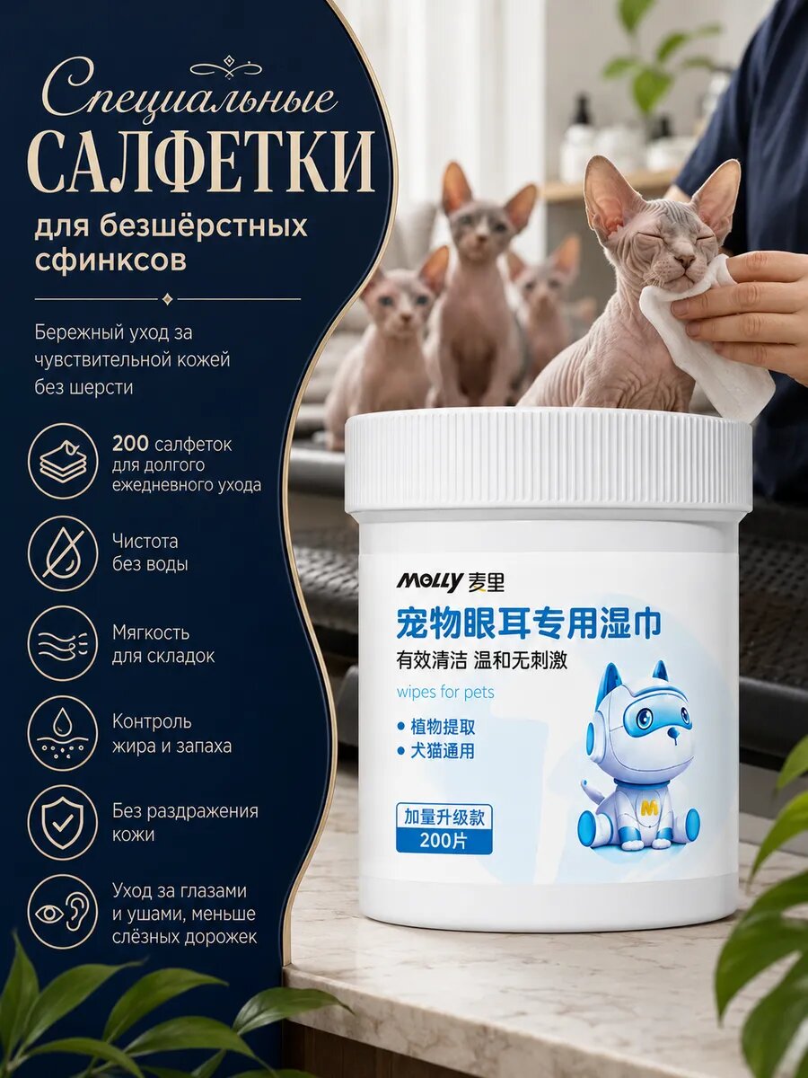 Салфетки для уборки для бесшёрстных кошек