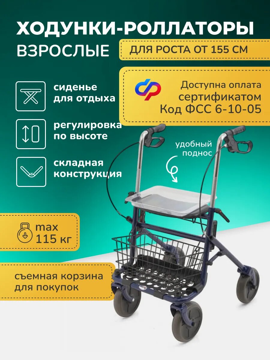 Ходунки роллаторы для пожилых с корзиной на колесах RollQuattro