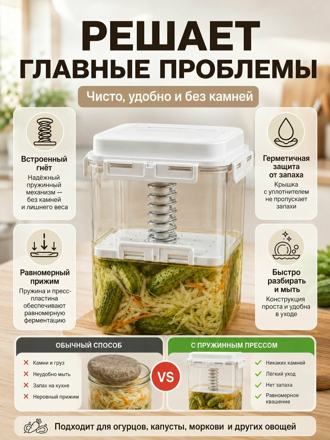 Кадка для засолки , пищевой пластик, герметичность, 5л, 23.5см