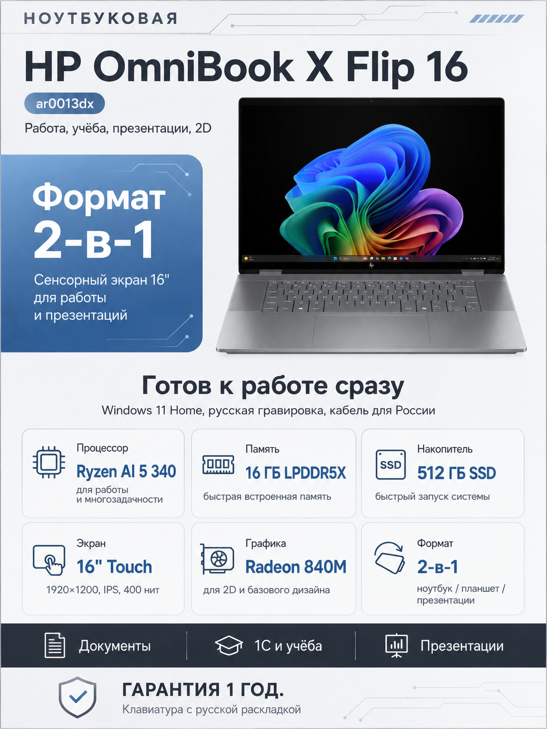 Ноутбук HP OmniBook X Flip 16 (Ryzen AI 5, 16 ГБ, 512 ГБ, сенсорный, Win 11) Серый