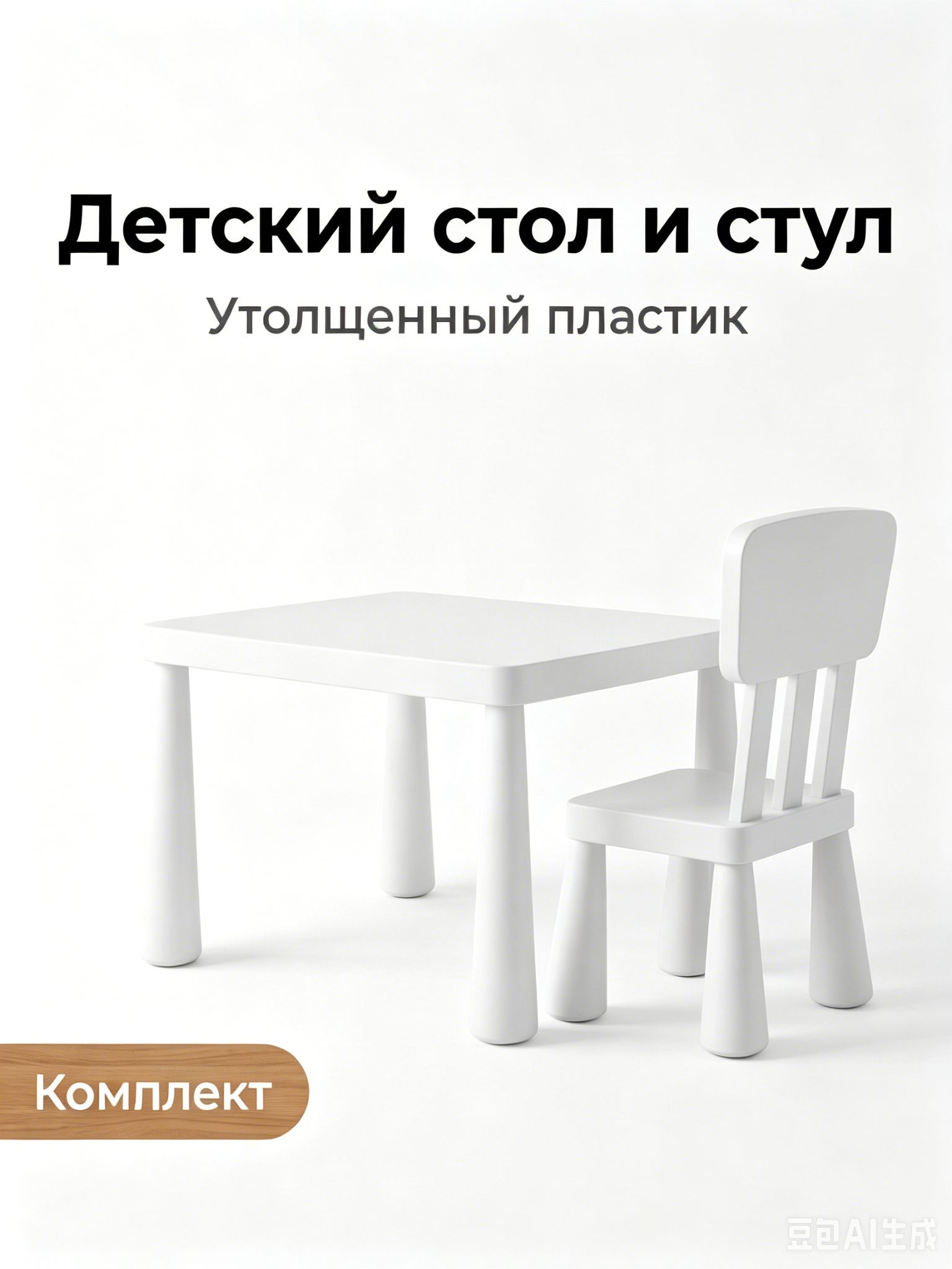 Белый комплект детский стол и стул, утолщенный пластик
